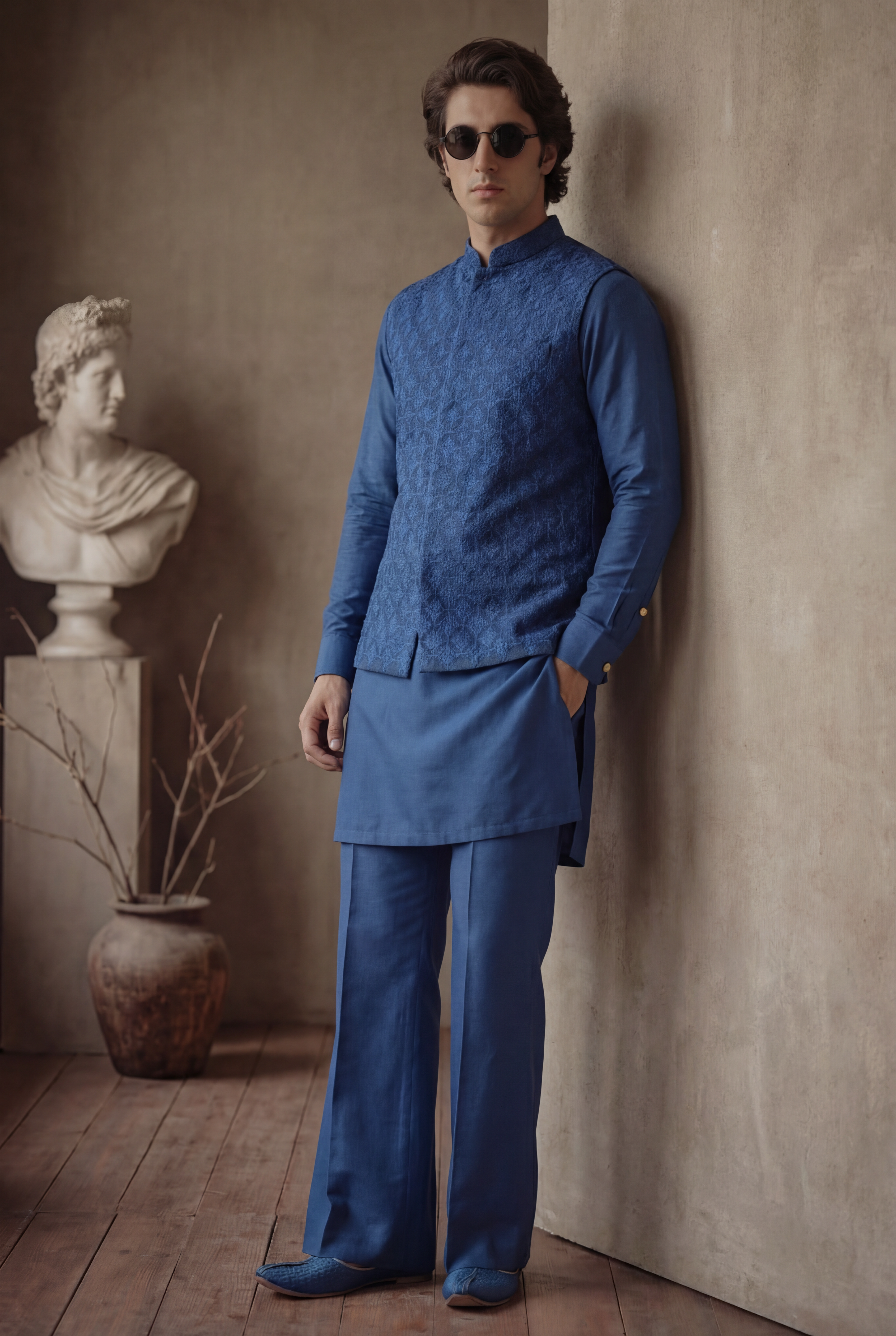 ROYAL BLUE SLEF EMBOSSED WAISTCOAT – Humayunalamgir